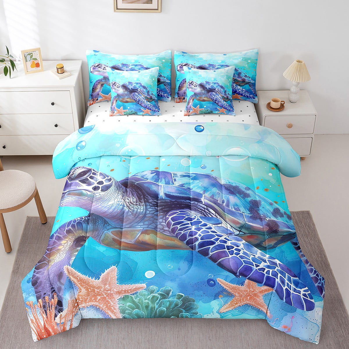 Erosebridal Sea Turtle Comforter Set,Watercolor Tortoise Bed in A Bag ...