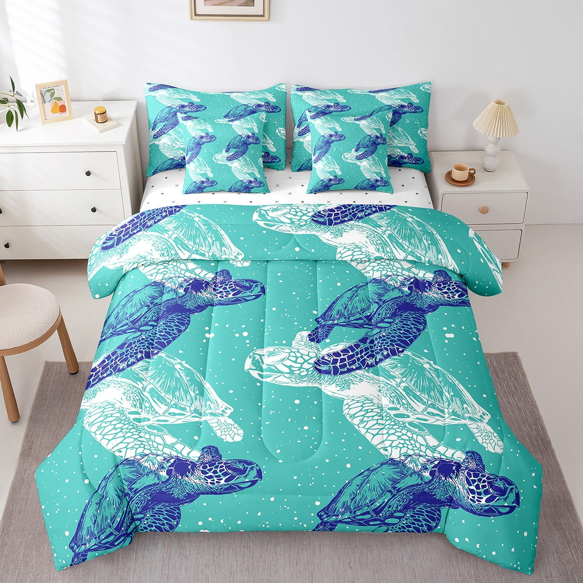 YST Sea Turtle Comforter Set Queen 7 Piece Teal Blue Ocean Marine ...