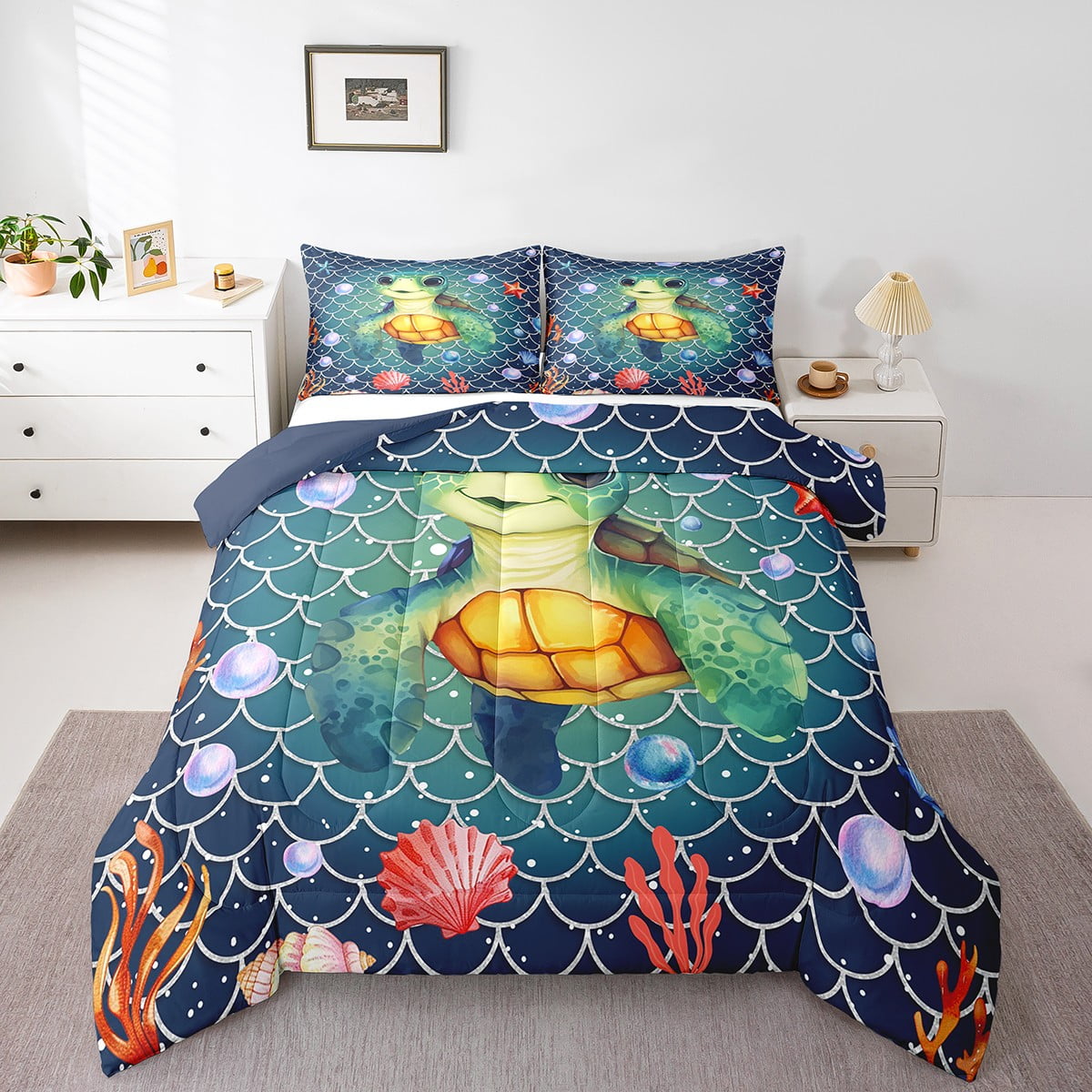 Sea Turtle Comforter Set Queen Size, Mermaid Tails Ocean Theme Bedding ...