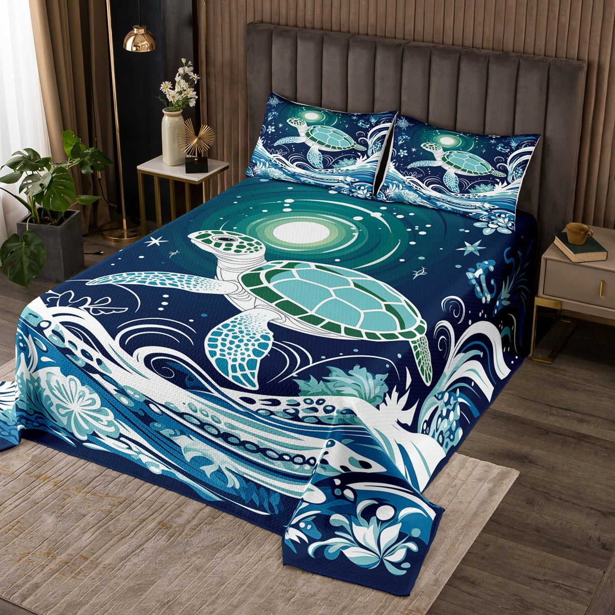 YST Sea Turtle Coverlet Set Ocean Theme Quilt Set Queen Size, Coastal ...