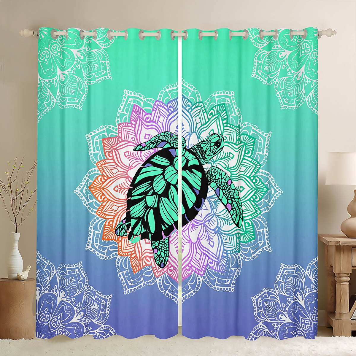 YST Sea Turtle Curtains 38"Wx45"L, Boho Flower Blackout Curtains for ...
