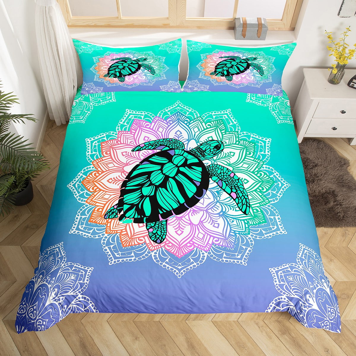 Erosebridal Sea Turtle Duvet Cover Queen, Boho Flower Bedding Set ...