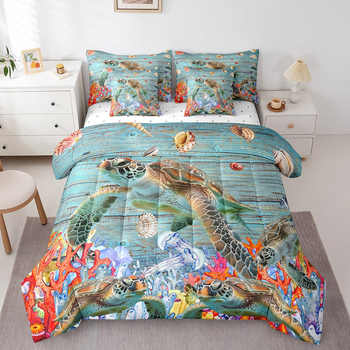 Sea Turtle Comforter Set Queen Size 7 Piece Beach Coastal Bed in a Bag ...