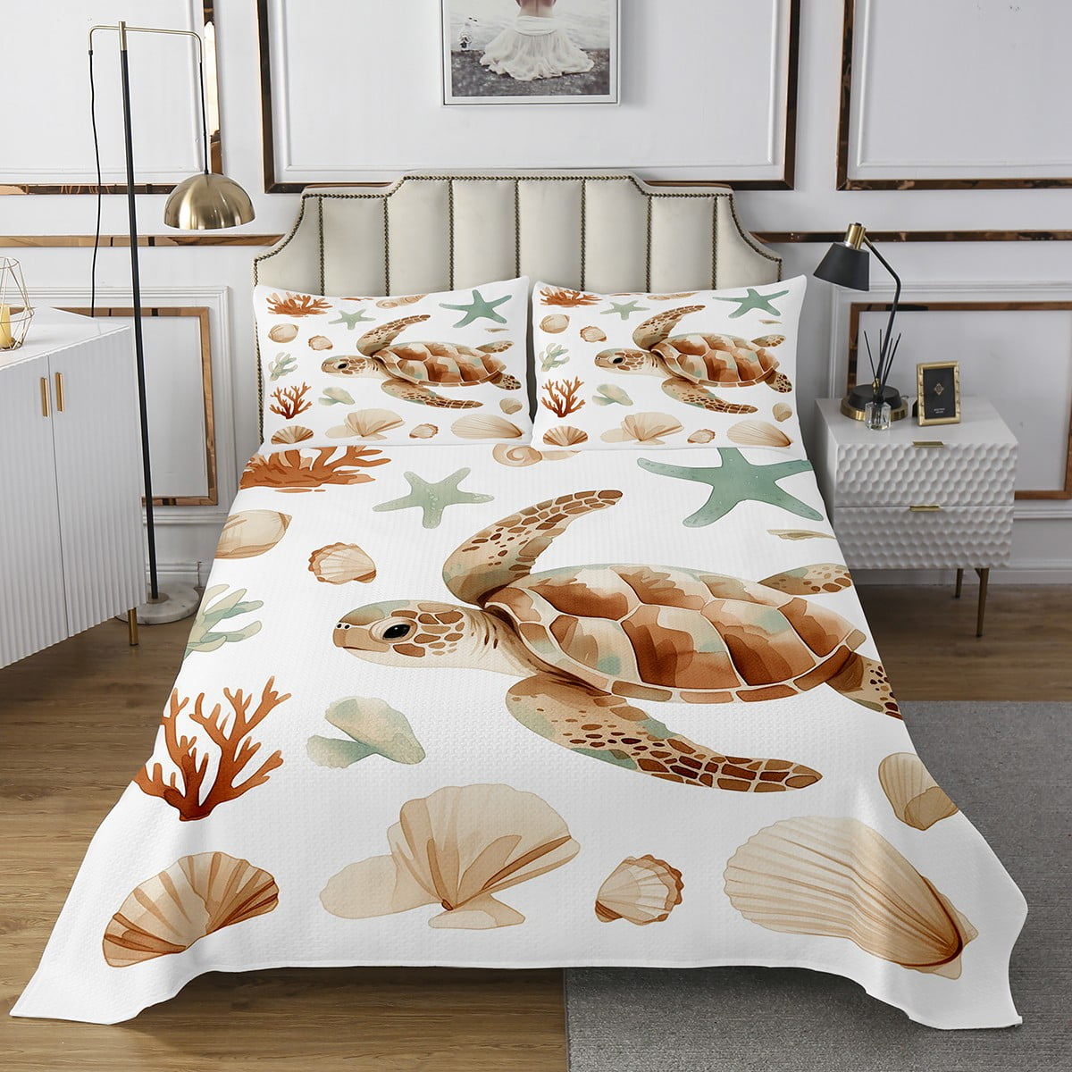 YST Sea Turtle Quilt Set,Coastal Beach Themed Bedroom Bedspread Set ...