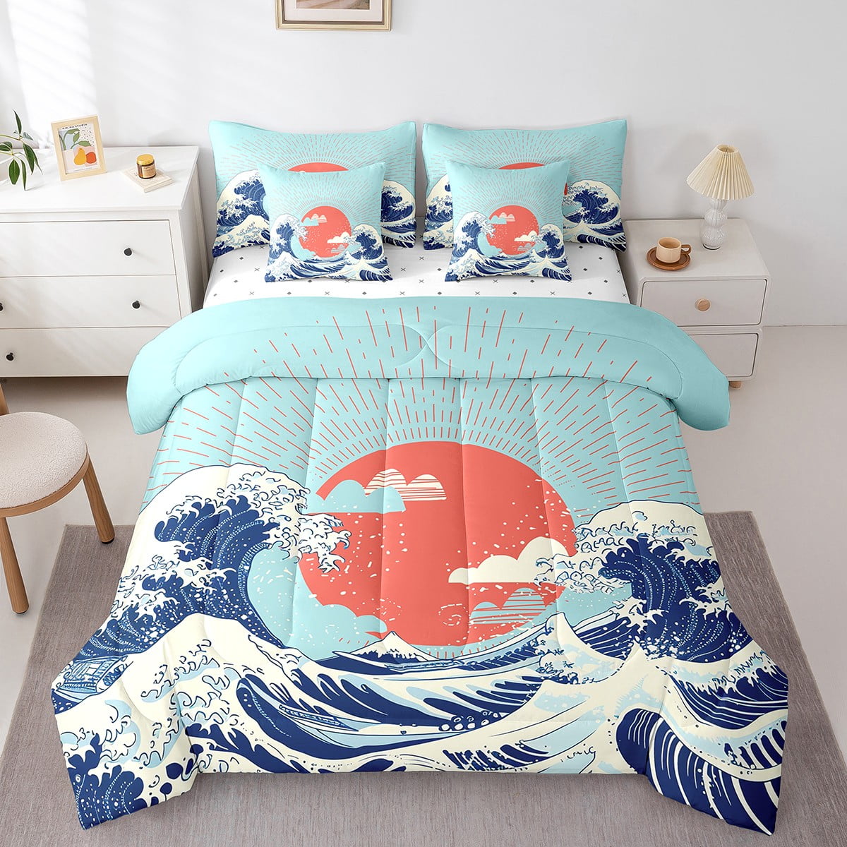 Sea Wave 7 Pcs Comforter Set Twin Size, Japanese Style Sheet Set Bed In ...