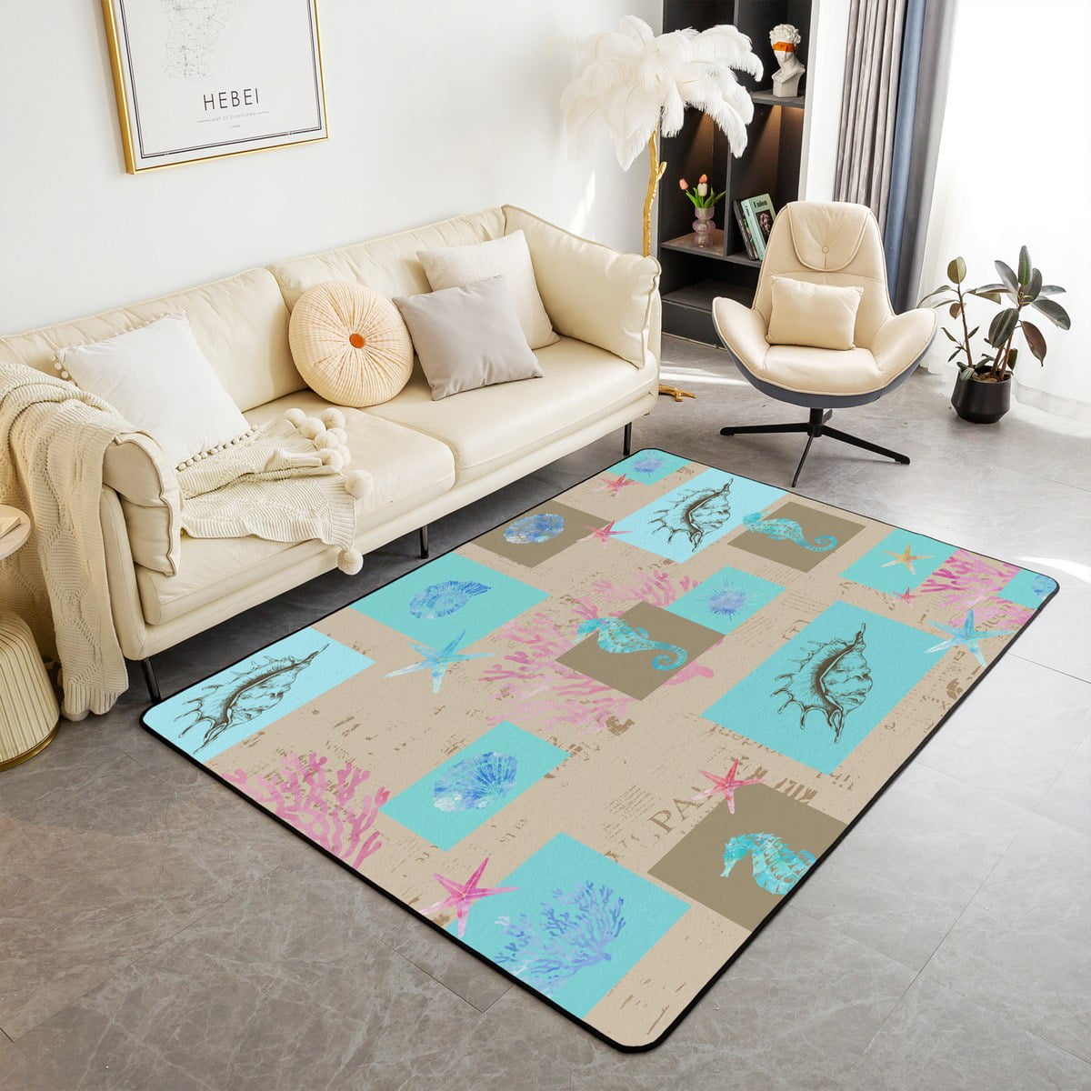 Seashell Beach Area Rug 5x7 Underwater Theme Rug Seaweed Carpet Cartoon ...