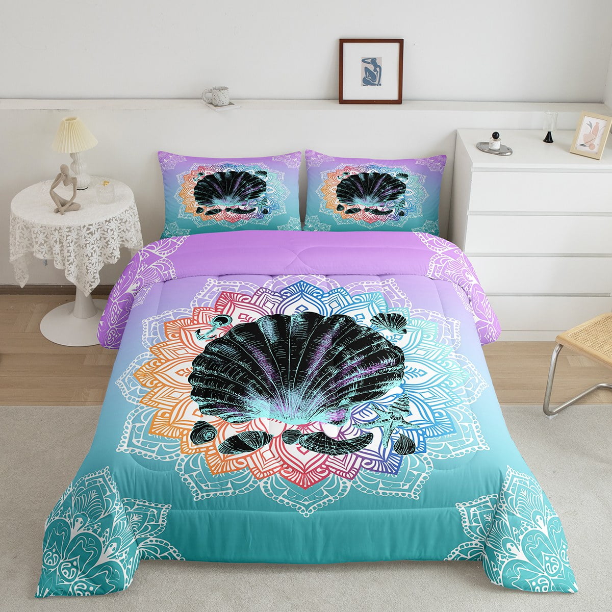 Erosebridal Seashell Comforter Set Full, Boho Flower Bedding for Young ...