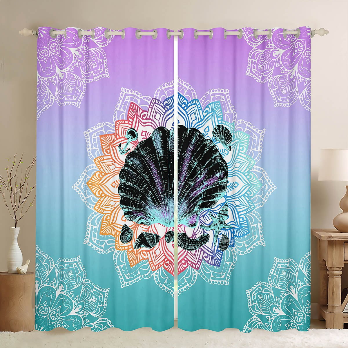 YST Seashell Curtains 38"Wx54"L, Boho Flower Blackout Curtains for ...