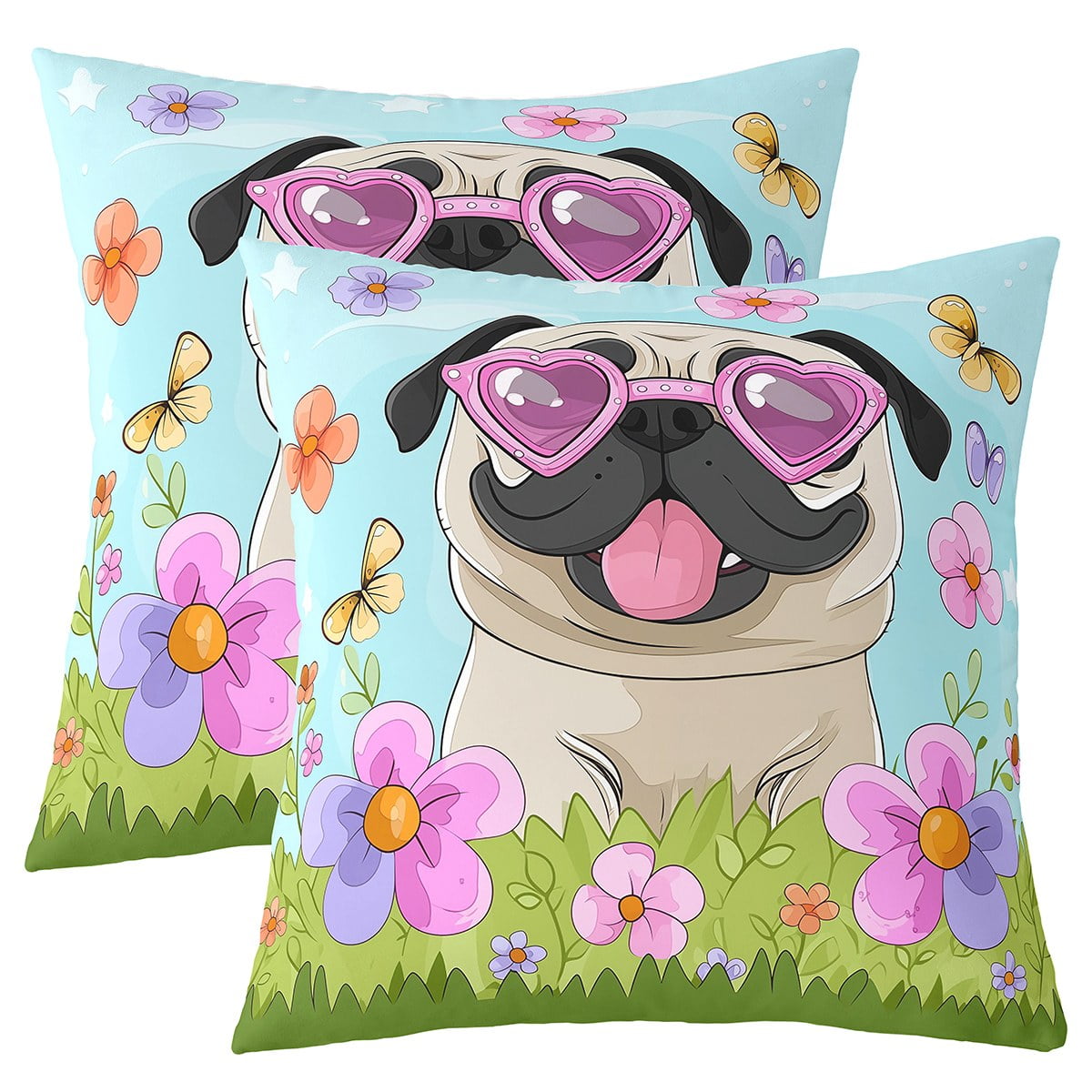 Set of 2 Cartoon Throw Pillow Covers, Cute Pug Pillow Covers 20x20 Inch ...