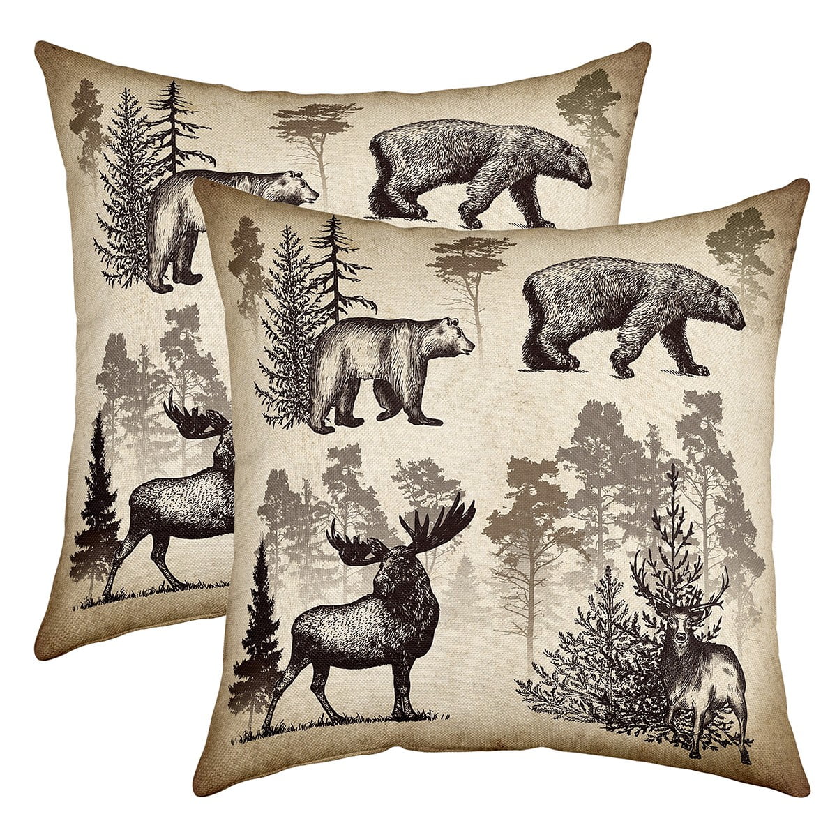 Set of 2 Woodland Animals Throw Pillow Covers 20x20 Inch Bear Moose Elk ...