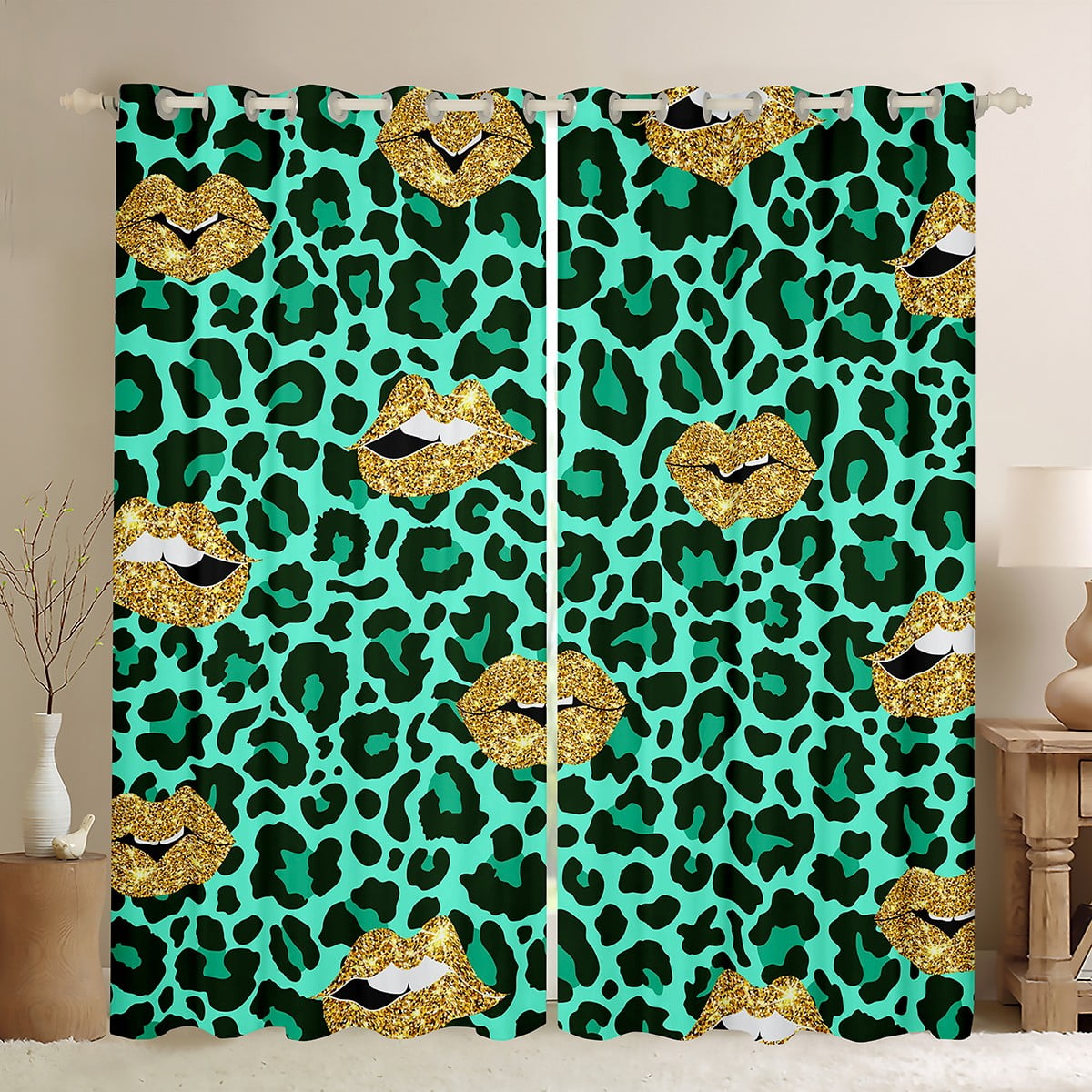 YST Sexy Leopard Lip Print Curtains for Bedroom,Green Cheetah Skin Print Black Out Curtains ...