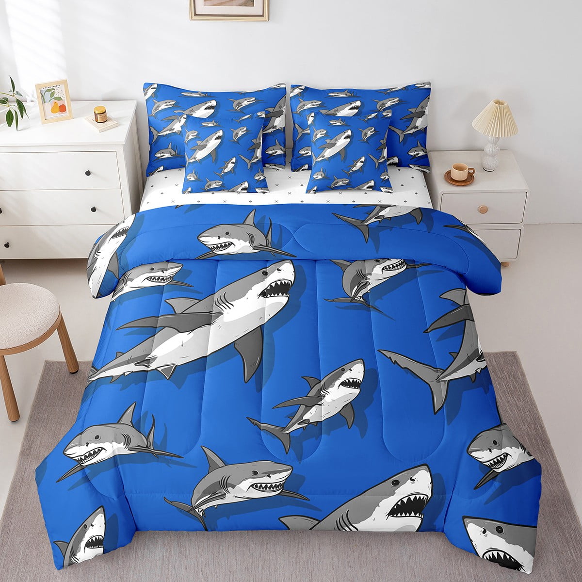 Shark 7 Piece Comforter Set Twin Size,Marine Life Bed in a Bag,Blue And ...