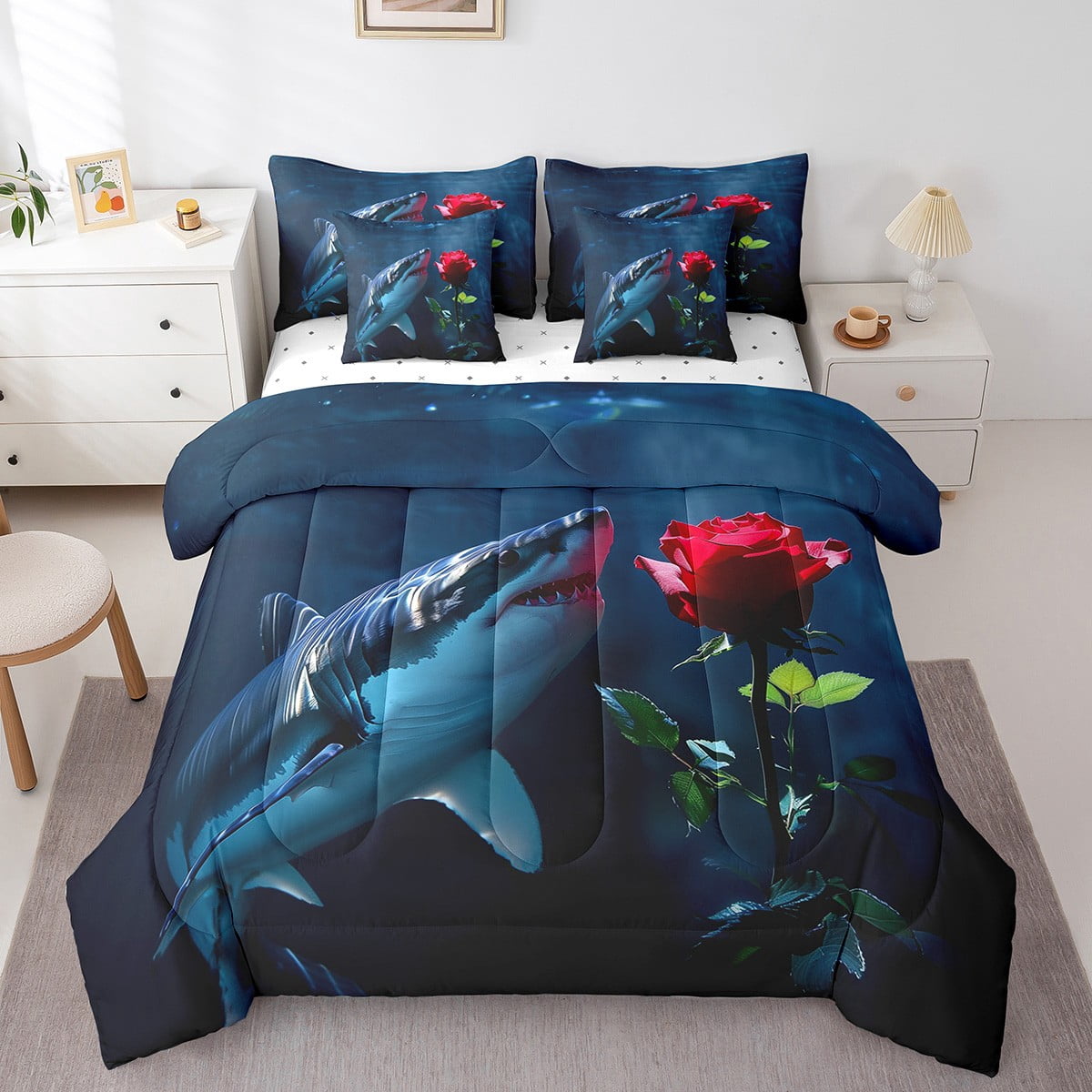 Shark Bed in a Bag 7pcs Wild Sea Animal Bedding Set, Red Rose Floral ...