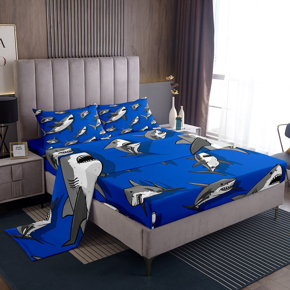 YST Shark Bed Sheets Set Queen Size, Marine Life Bedding, Blue And ...