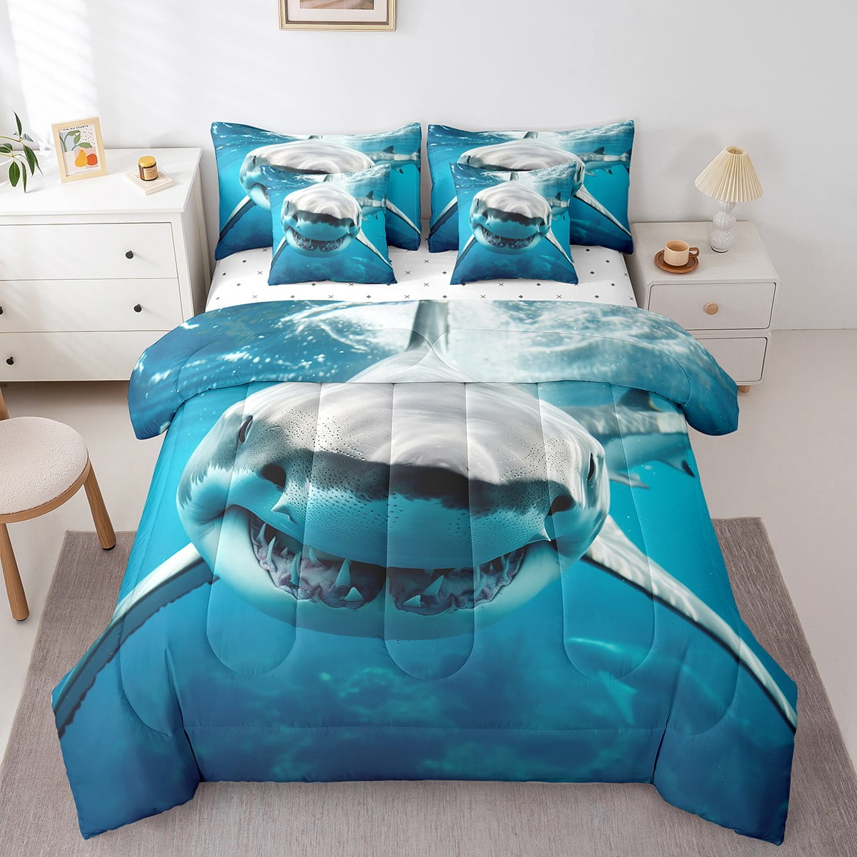 YST Shark Comforter Set 7 Pcs, 3D Shark Sheet Set Bed In A Bag Full ...