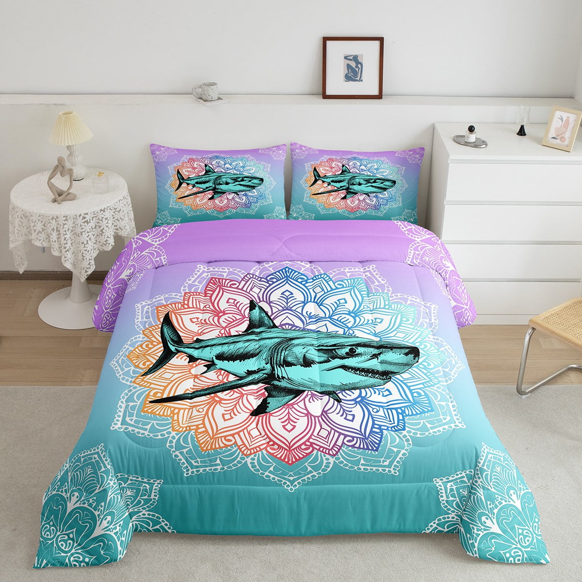 Erosebridal Shark Comforter Set King, Boho Flower Bedding, Colorful ...