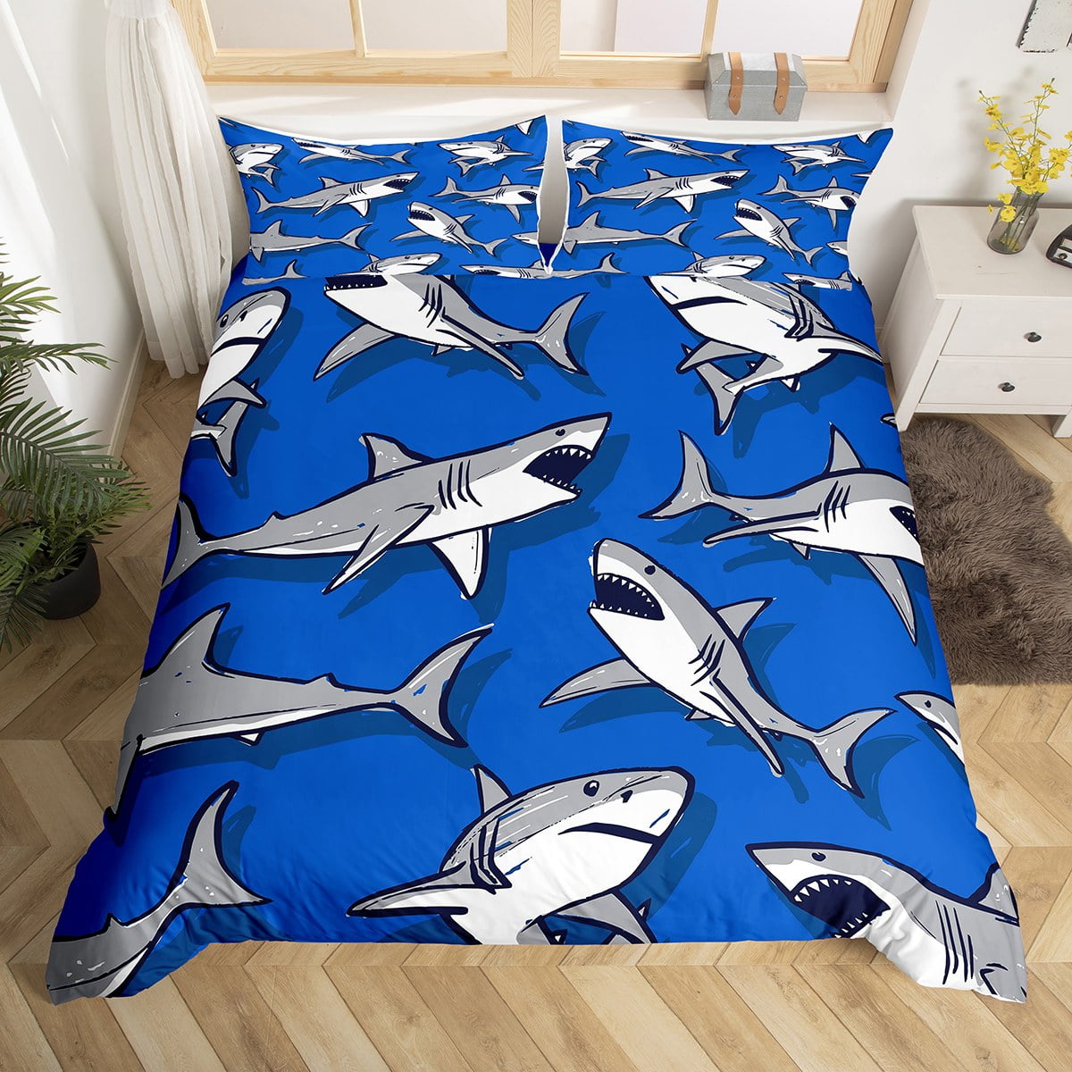 YST Shark Duvet Cover Twin Size, Marine Life Comforter Cover, Blue And ...