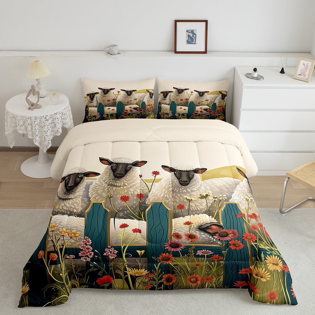 Sheep King Size Comforter Set, Wildlife Farmhouse Printed Bedding Sets ...