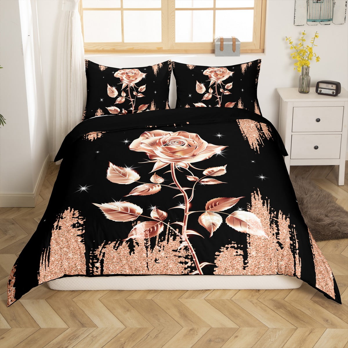 YST Shiny Rose Duvet Cover for Girls Women,Orange Pink Rose Bedding Set ...