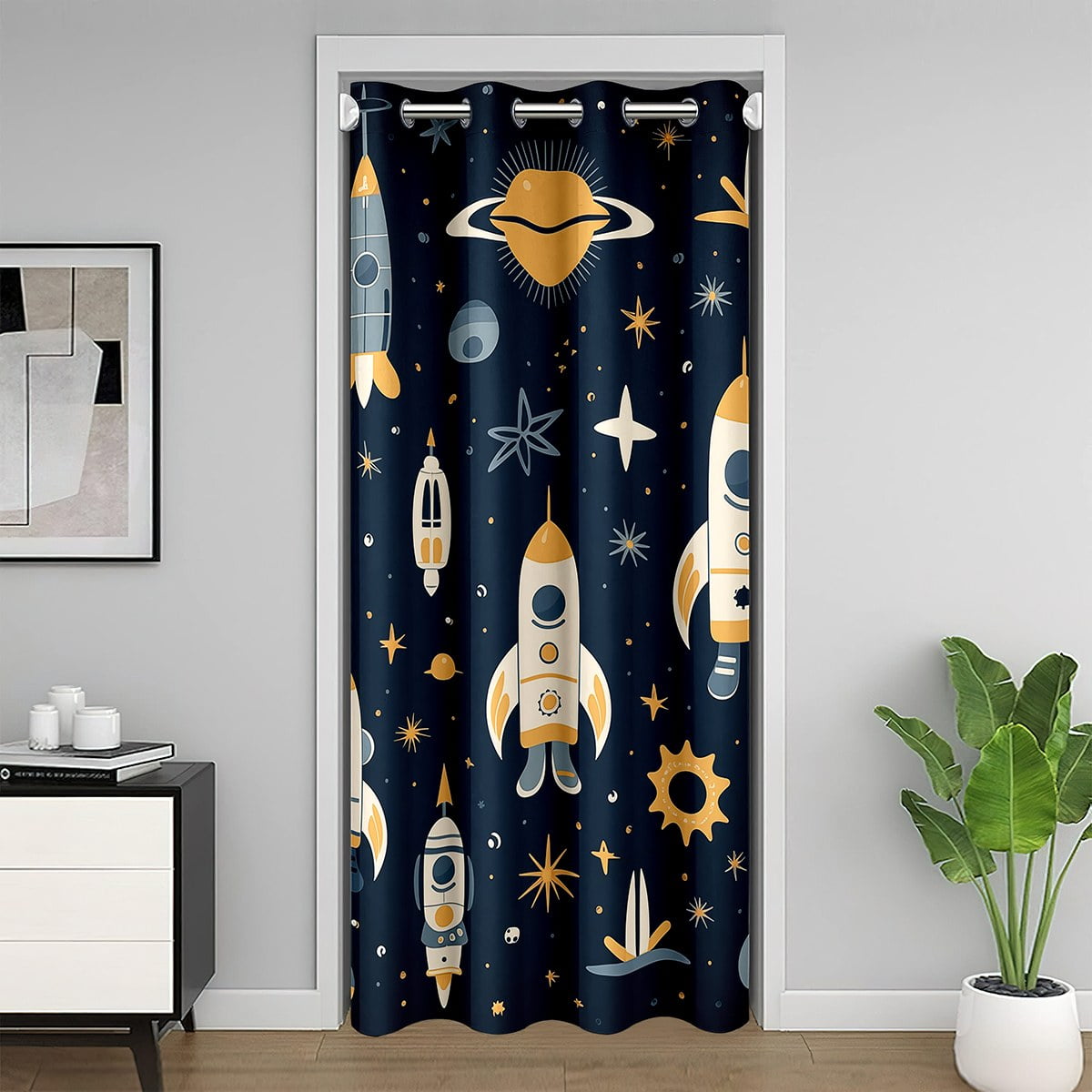 Ship Rocket Door Curtain For Doorway Privacy ,Cartoon Universe Stars ...