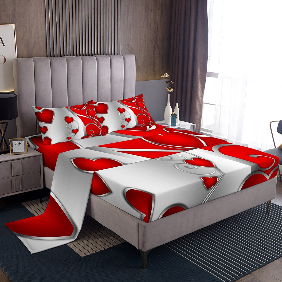 Erosebridal Silver Red Love Heart Bed Sheets Full,Romantic Valentine's ...