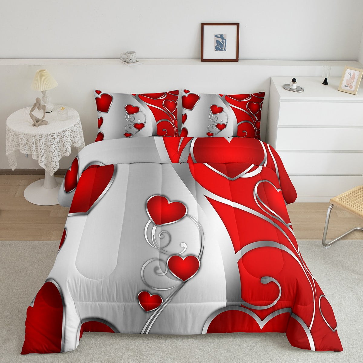 Silver Red Love Heart Comforter Set Twin,Romantic Valentine's Day ...