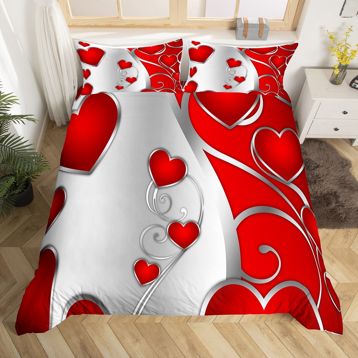 YST Silver Red Love Heart Duvet Cover Queen,Wedding Bedding Set for ...