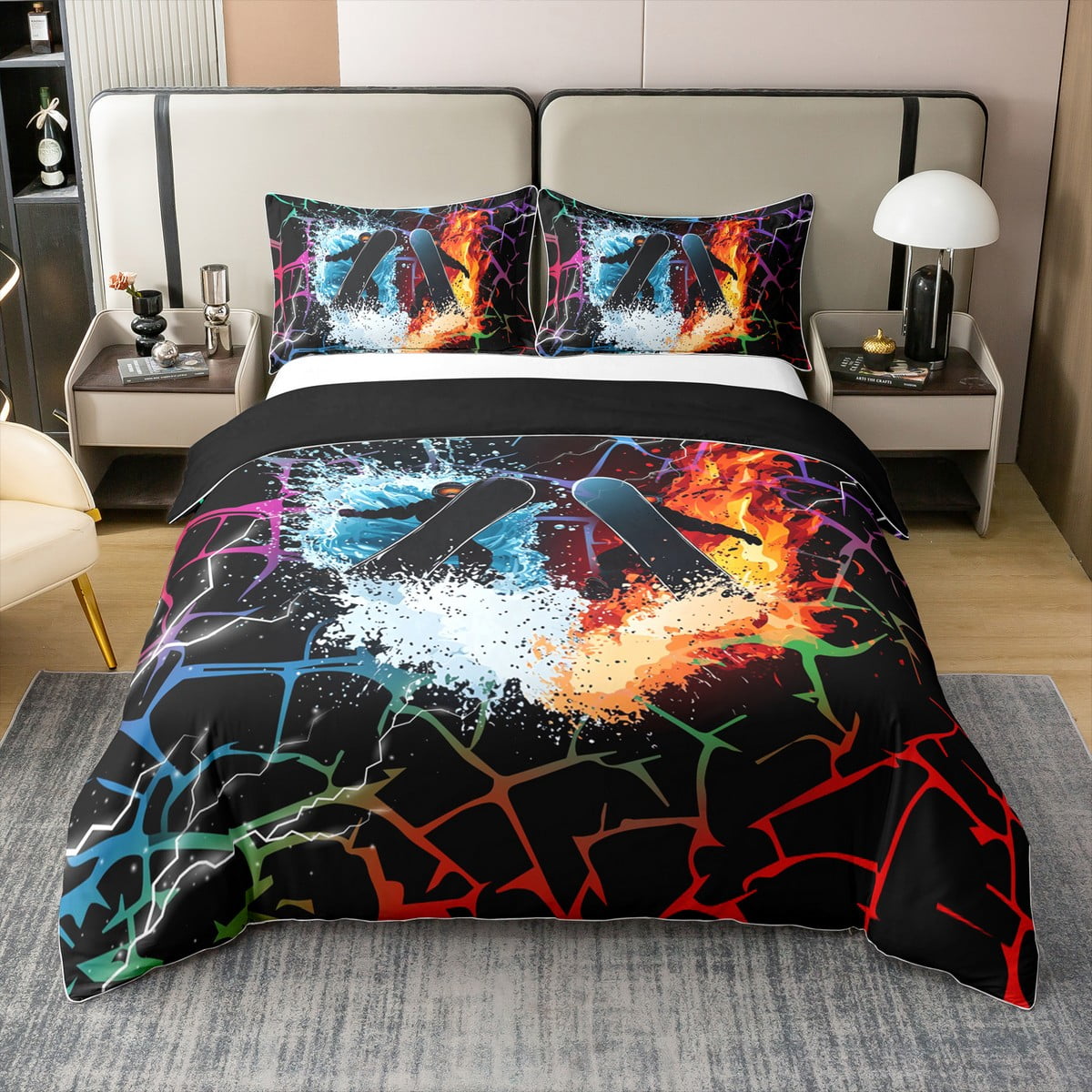 Skateboard 100% Cotton Duvet Cover Full Size, Surfing Waves Geometric ...