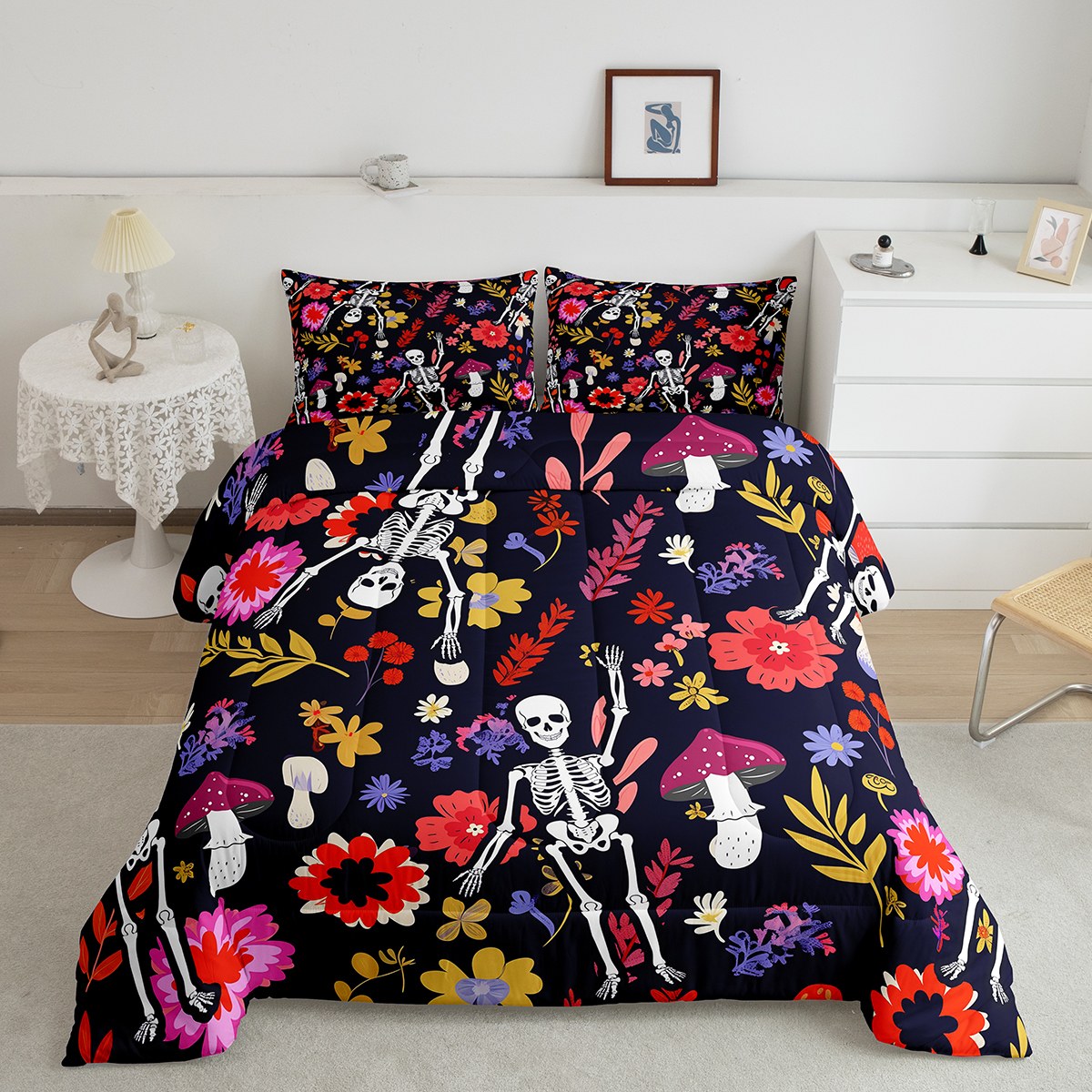 YST Skeleton Comforter Set Flowers Mushroom Bedding, Kids Halloween ...