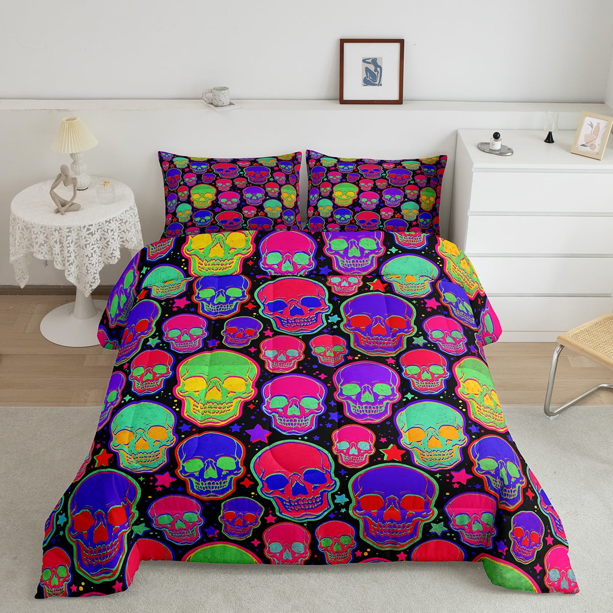 Skeleton Skull Bed Comforter Set Psychedelic Skulls Decor Bedding ...