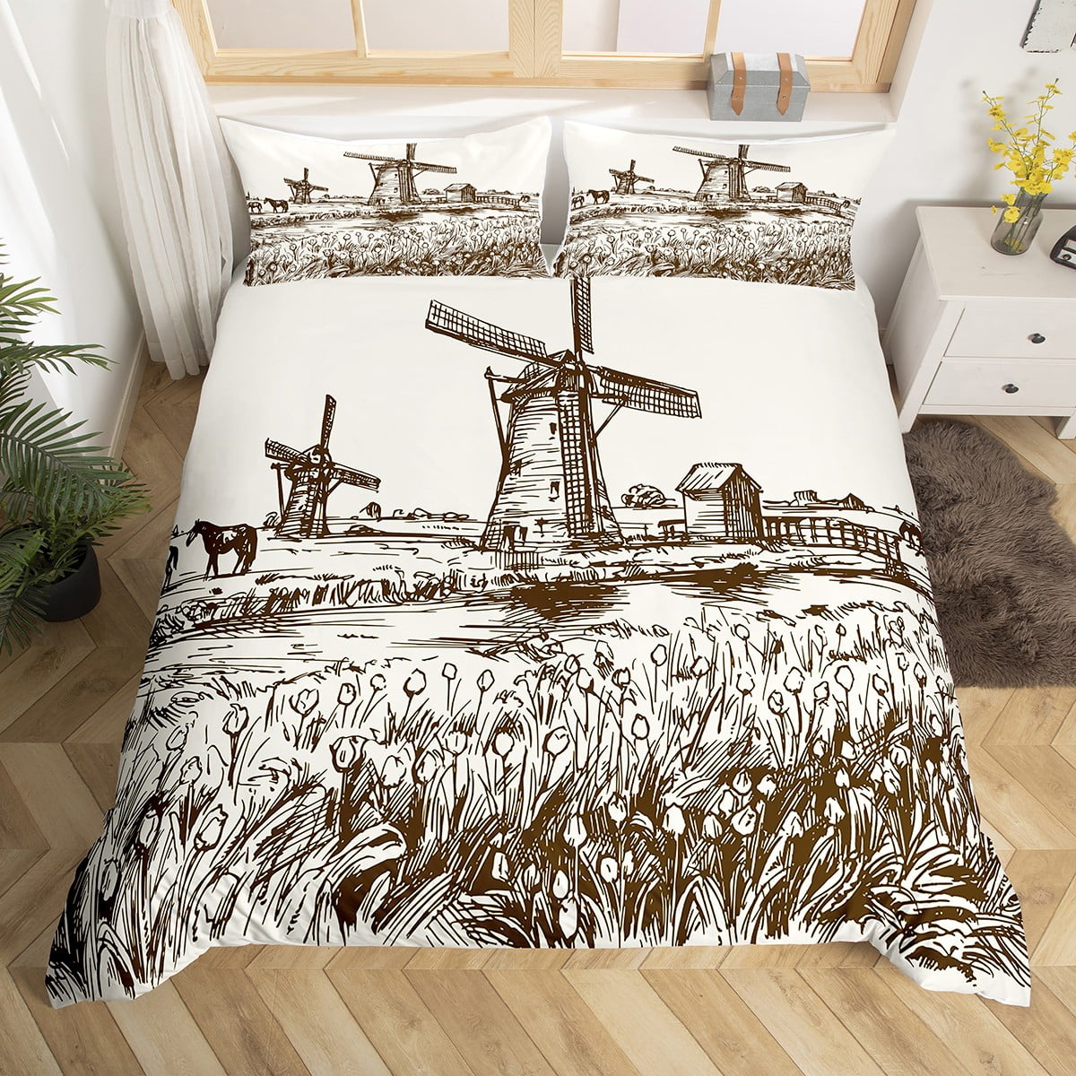 YST Sketch Windmill Comforter Cover Vintage Lodge Cabin Bed Set, Rural ...