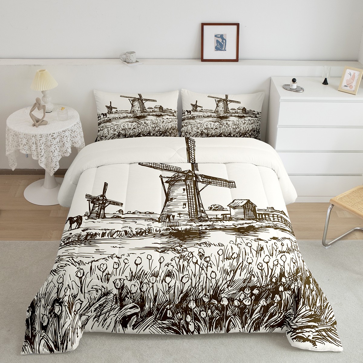 YST Sketch Windmill Comforter Set Queen Vintage Lodge Cabin Bedding Set ...