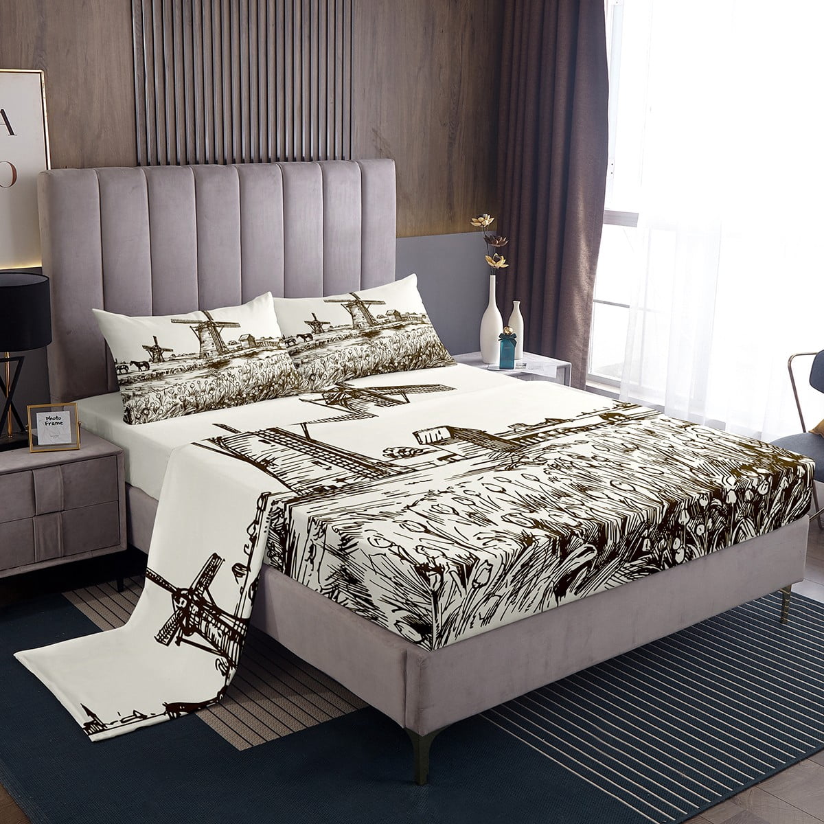 YST Sketch Windmill Twin Sheets Vintage Lodge Cabin Bed Set, Rural ...