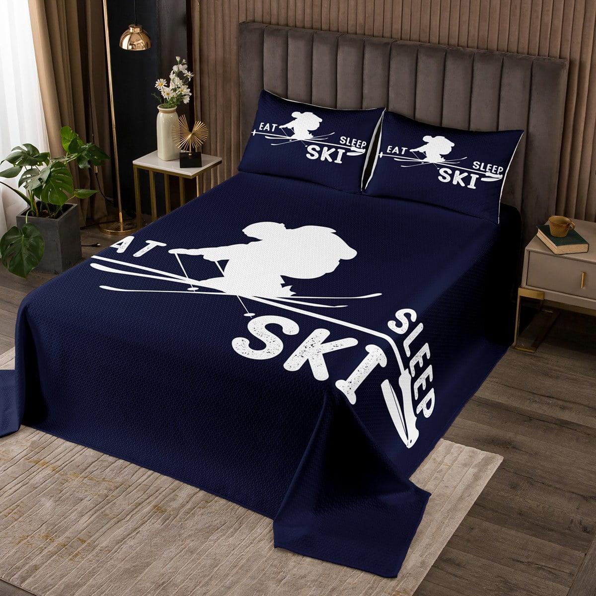 Skiing Bedspread Set Eat Sleep Ski Themed Coverlet Set Ski Sports ...