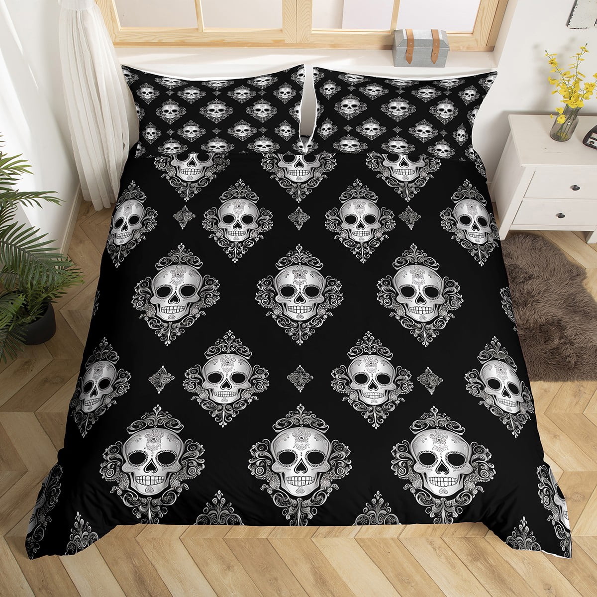 Skull Bedding Set Full Size Gothic Spooky Comforter Cover Exotic ...