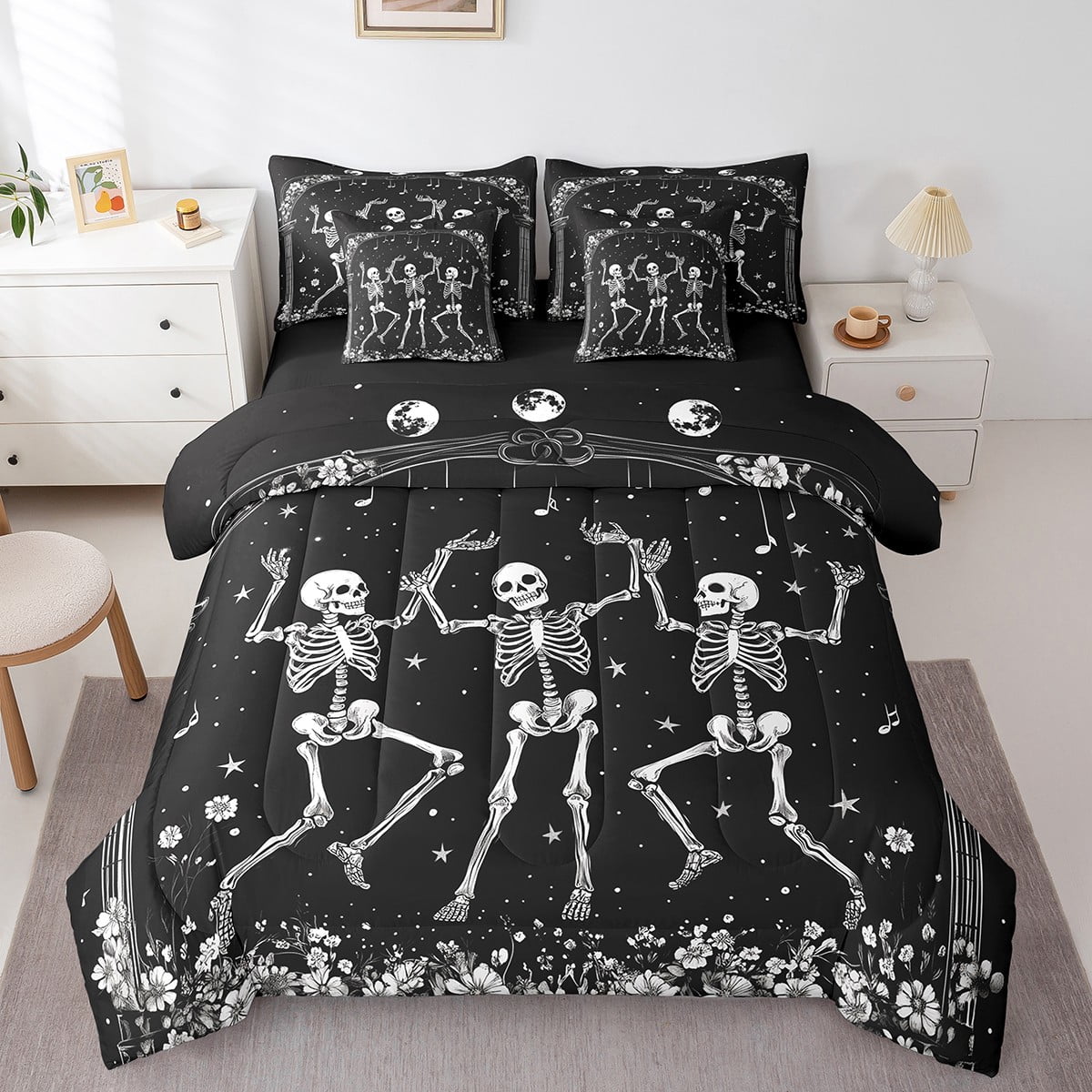 Skull Bedding Set Halloween Decor Comforter 7 Pieces Twin Size Gothic ...