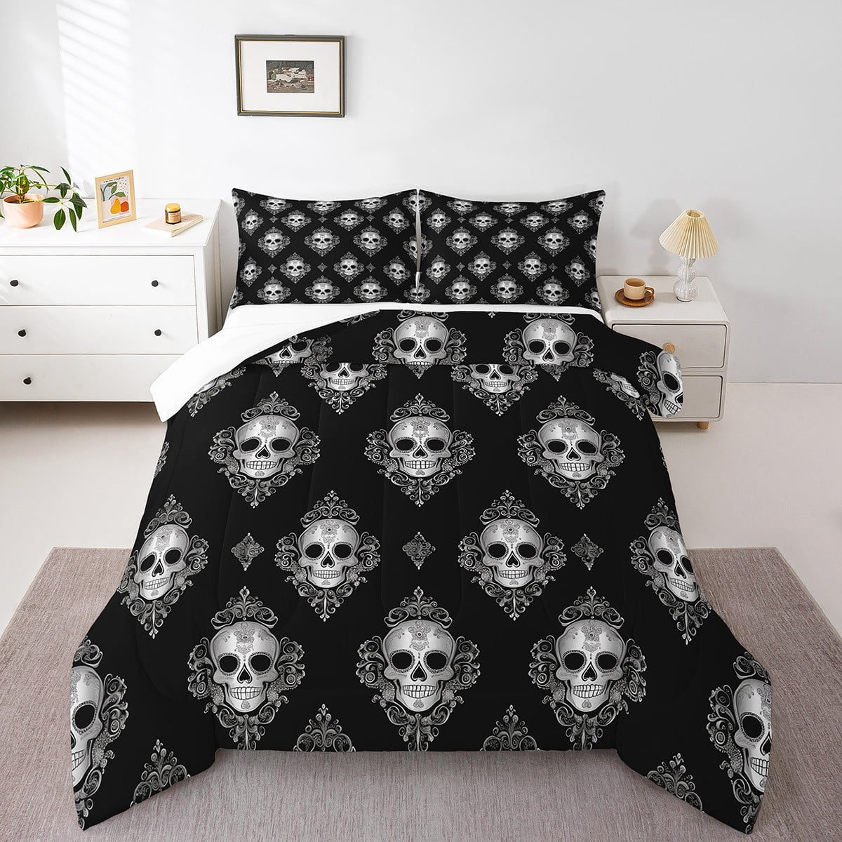 Skull Bedding Set King Size Gothic Spooky Quilt Exotic Halloween Down ...