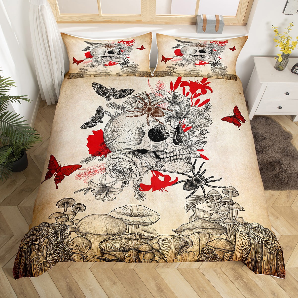 Skull Duvet Cover Flying Skeleton Butterfly Moth Bedding Set Full ...