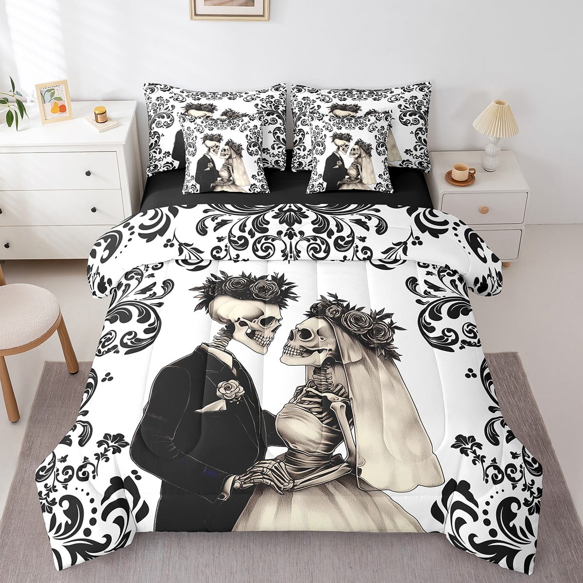 YST Skull Gothic Full Bedding Set 7 Piece For Couple Wife Husband,Black ...