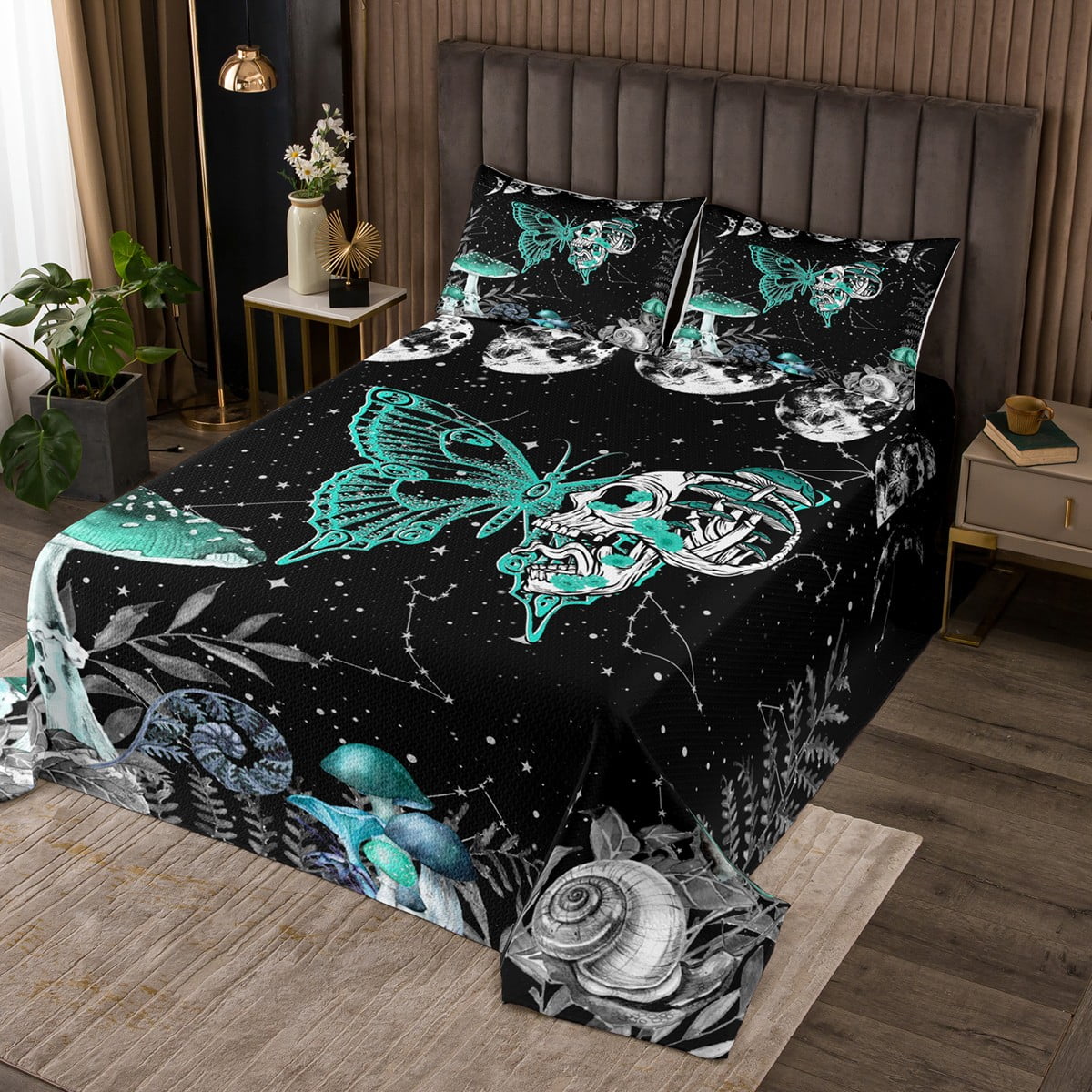 YST Skull Quilt Set for Boys Kids Boho Skeleton Death Moth Bedspread ...