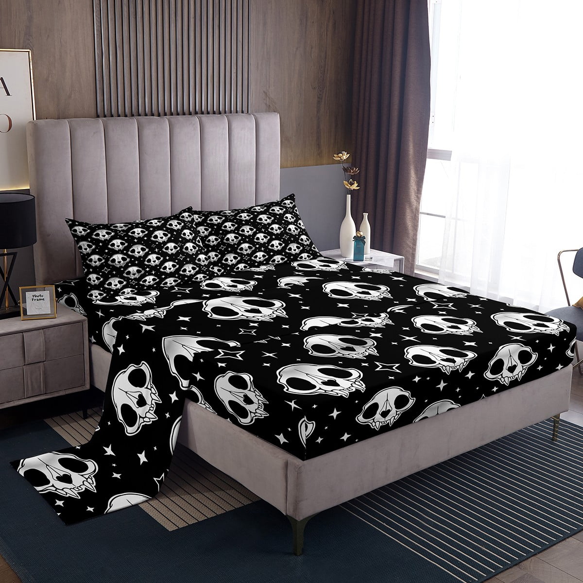 YST Skull Skeleton Full Sheets Happy Halloween Bed Set, Glitter Stars ...