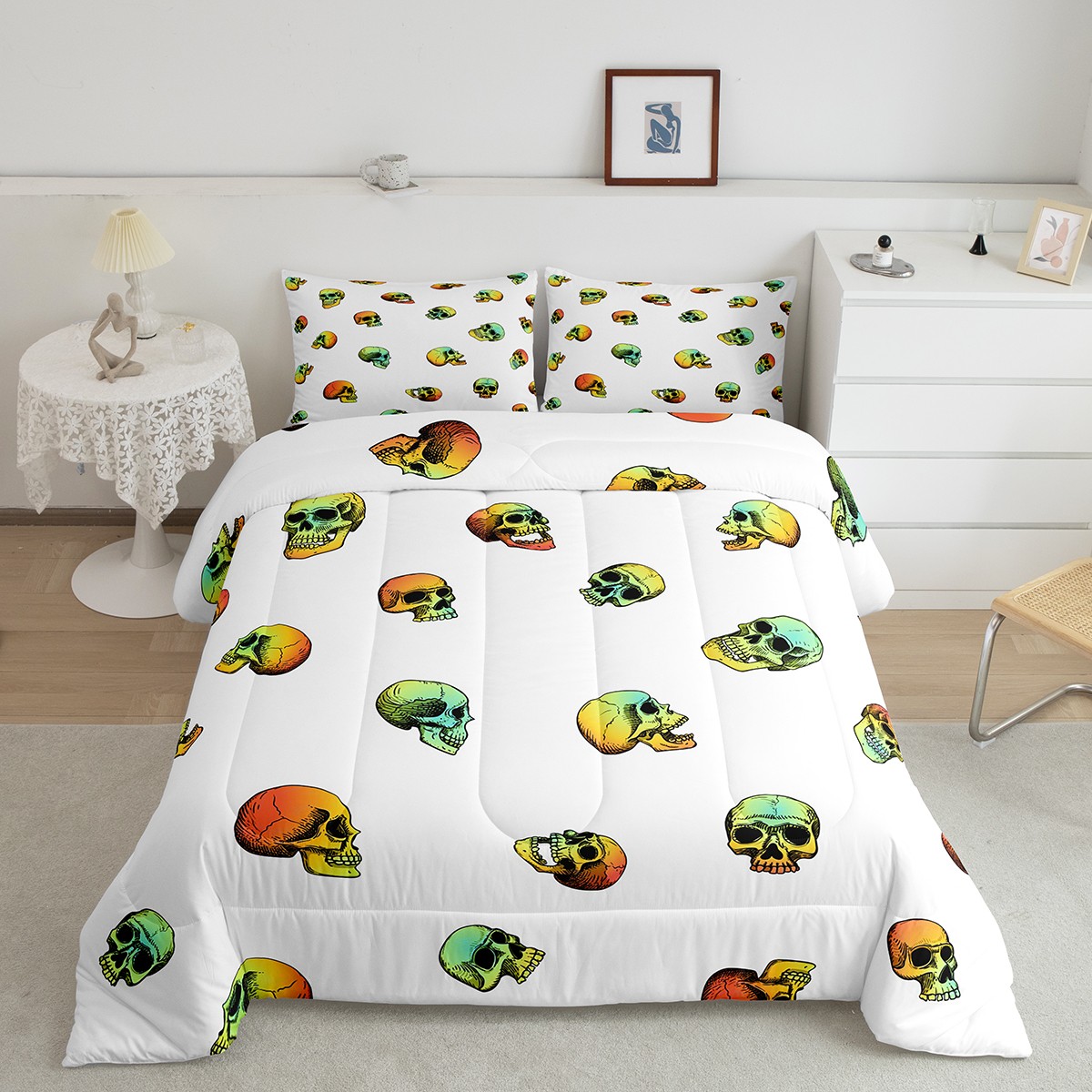 YST Skulls Comforter Set Skeleton Bones Bedding Comforter Sets Human Skulls Bedding Coral Yellow ...