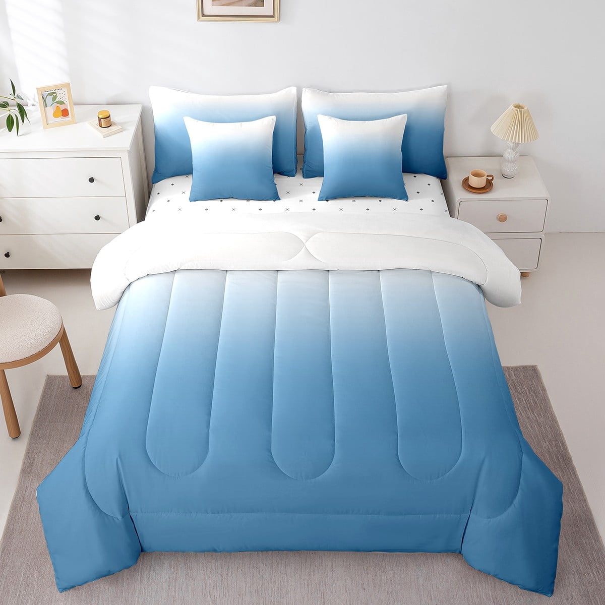 Sky Blue 7 Piece Bed in a Bag Full Size Ombre Bedding Set Blue White ...