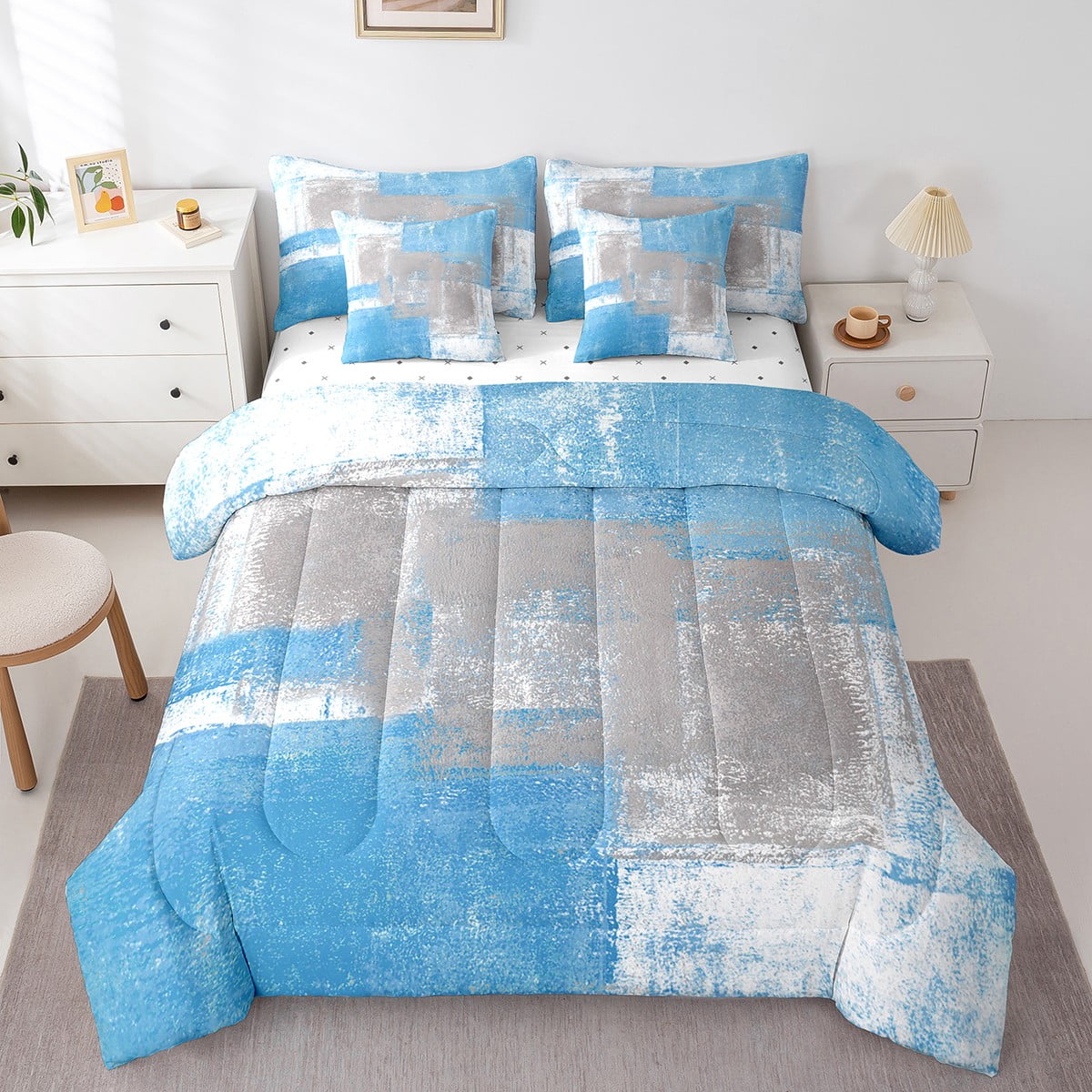 Sky Blue White Ombre Comforter Set,King Oil Painting Bedding Set ,Mid ...