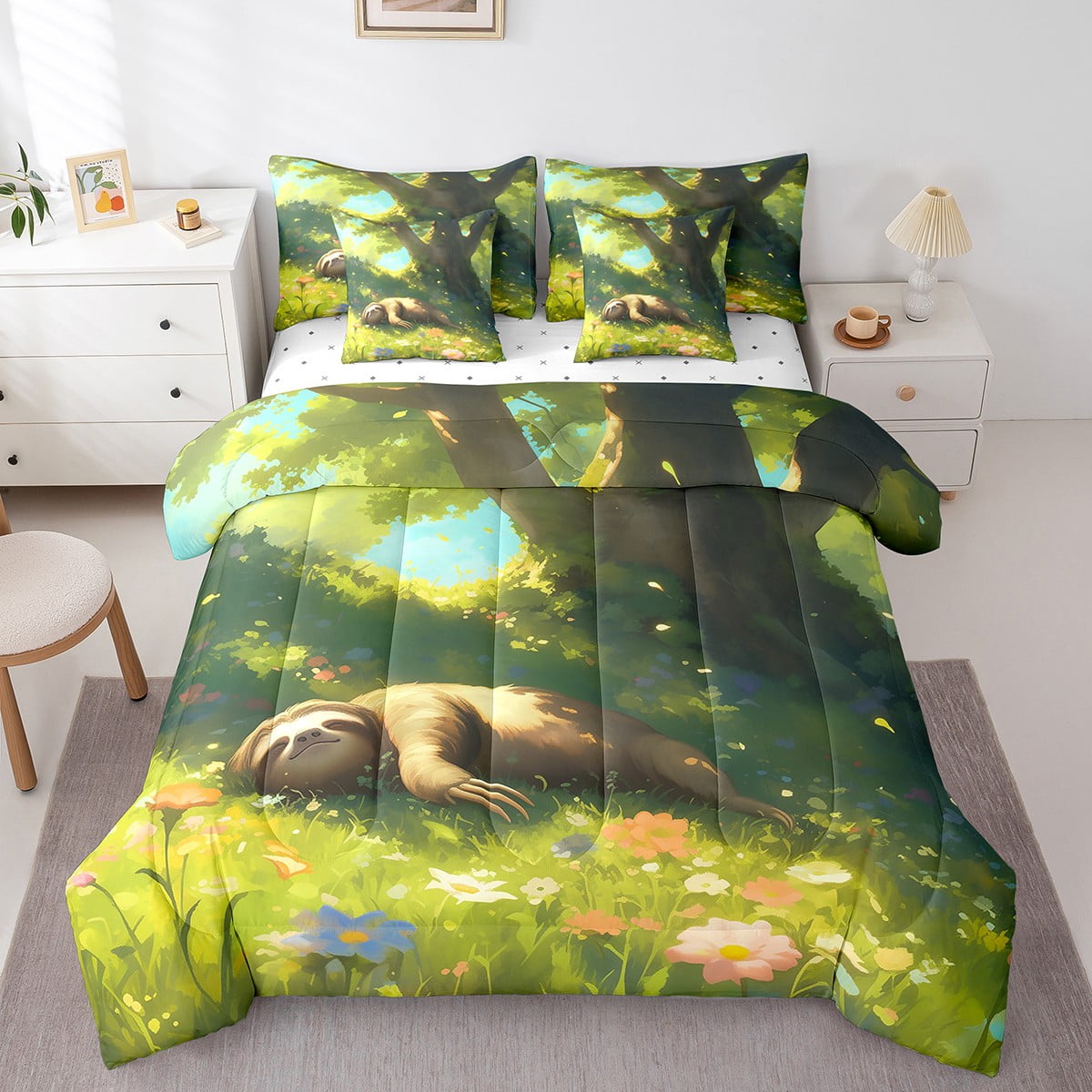 YST Sleepy Sloth Bed in a Bag 7-Piece Cartoon Wildlife Bedding Set for ...