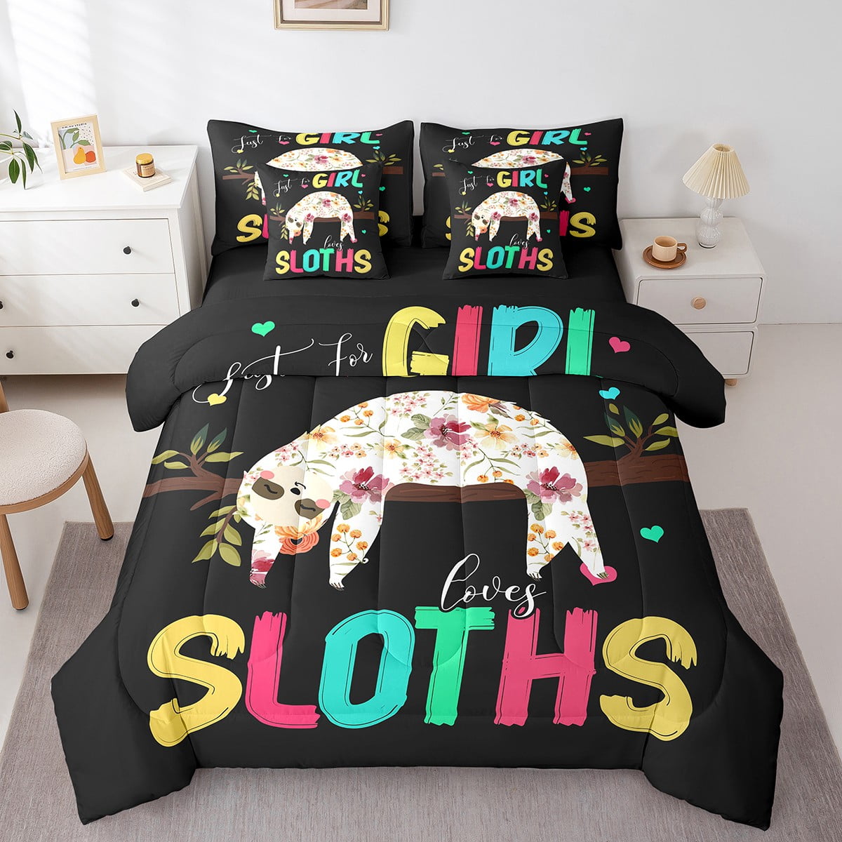Sloth Bed In A Bag King Floral Sloth Comforter Set 7 Piece Adults,Cute ...
