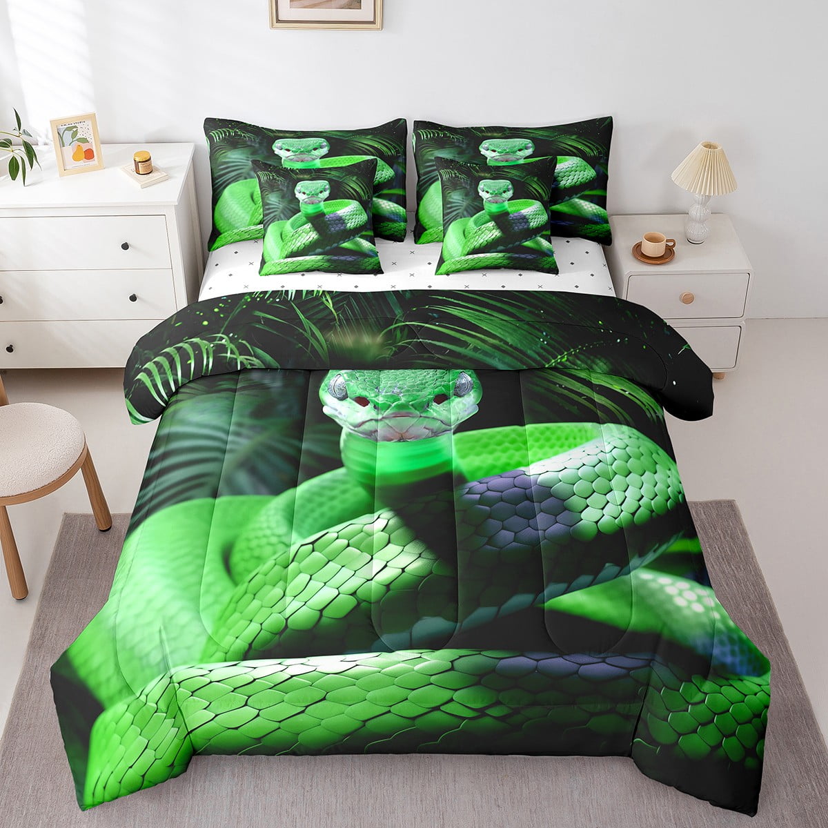 YST Snake 7 Piece Comforter Set Queen,Green Snake Bed in a Bag,3D ...