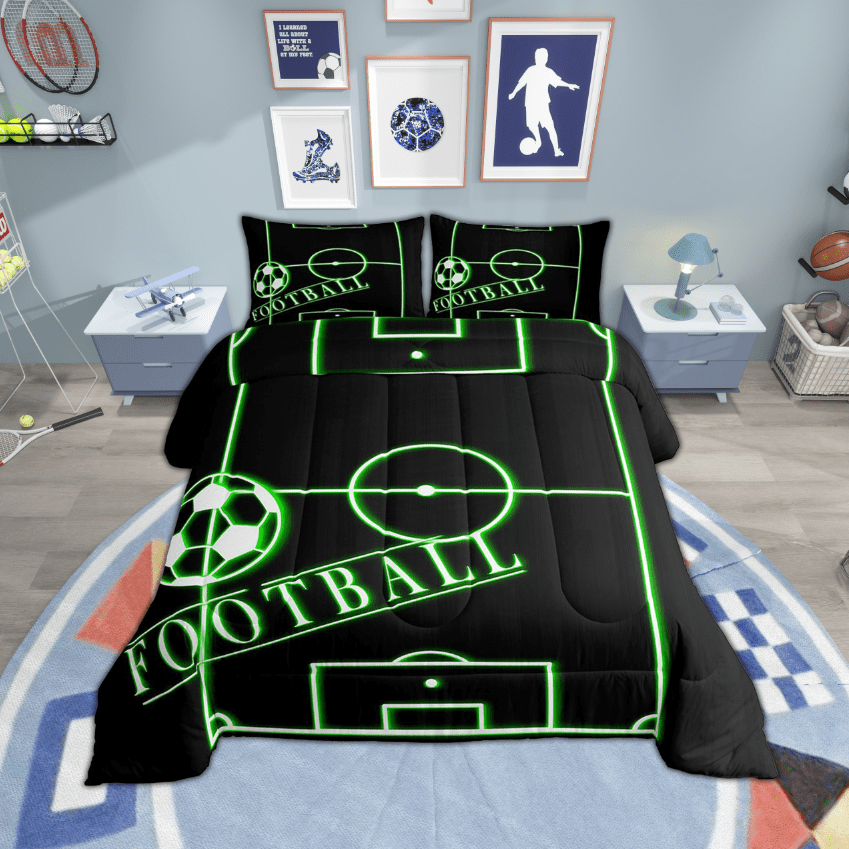 Soccer Bedding Set Queen Teens Black Green Comforter Set, Sports Gaming ...