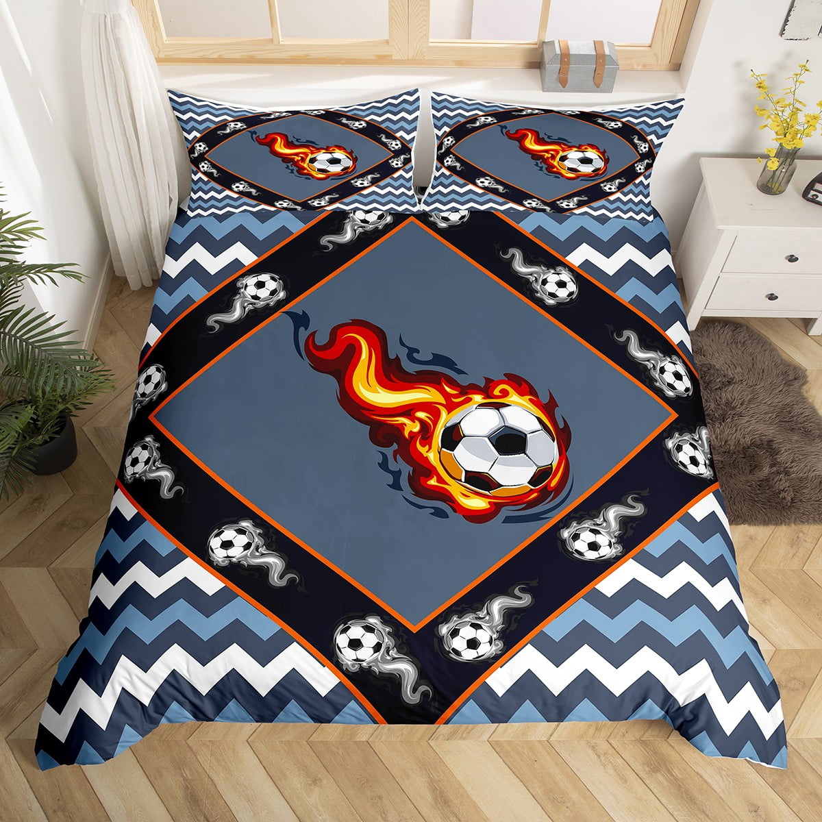 YST Soccer Duvet Cover for Kids Boys Girls,Black Blue Geometric Striped ...