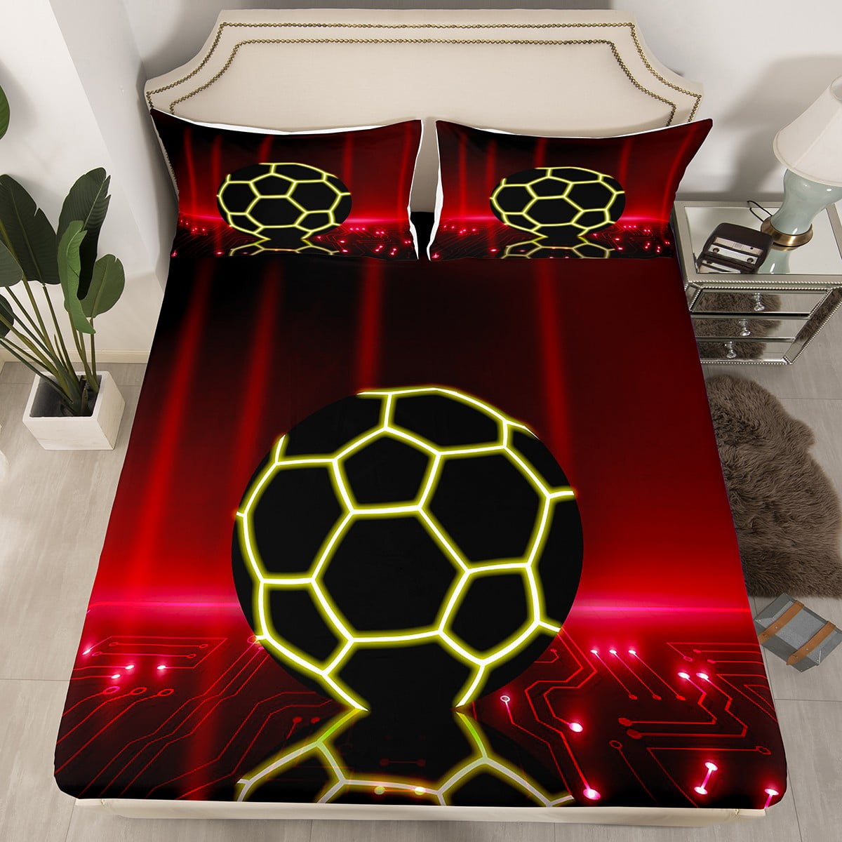 YST Soccer Fitted Sheet Queen, Sports Gamer Bed Sheets, Neon Glowing Ball Sheets, Geometric ...